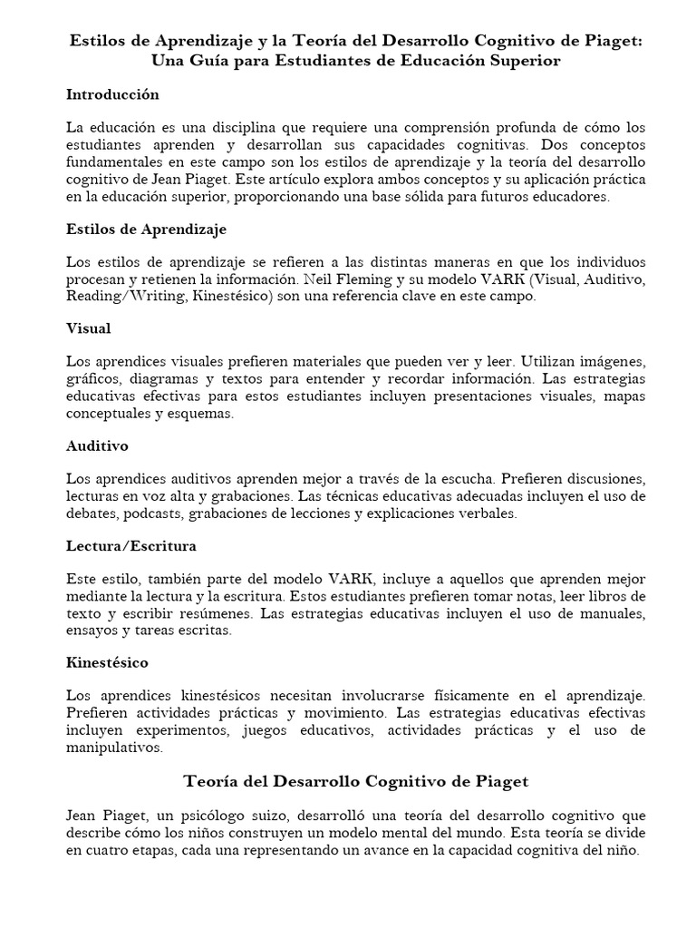 Estilos de Aprendizaje y La Teoría Del Desarrollo Cognitivo de Piaget | Descargar gratis PDF ...