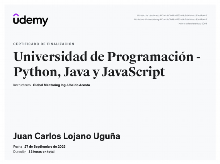 Certificado - Curso - Universidad de Programación - Python, Java y JavaScript | PDF