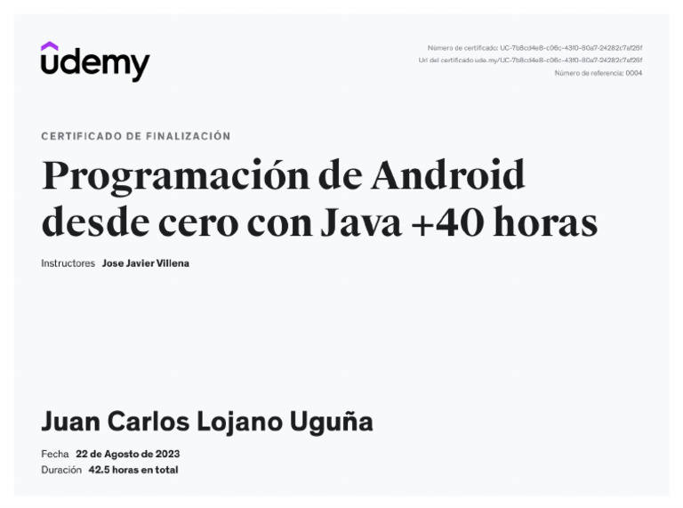 Certificado - Curso de Programación de Android Desde Cero Con Java +40 Horas | PDF