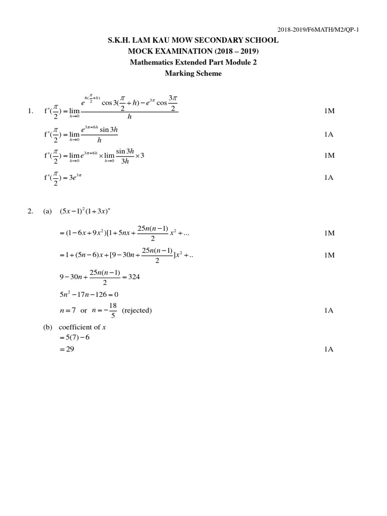 2018-2019 Math Mock Exam Marking Scheme | PDF | Algebraic Geometry | Analytic Geometry