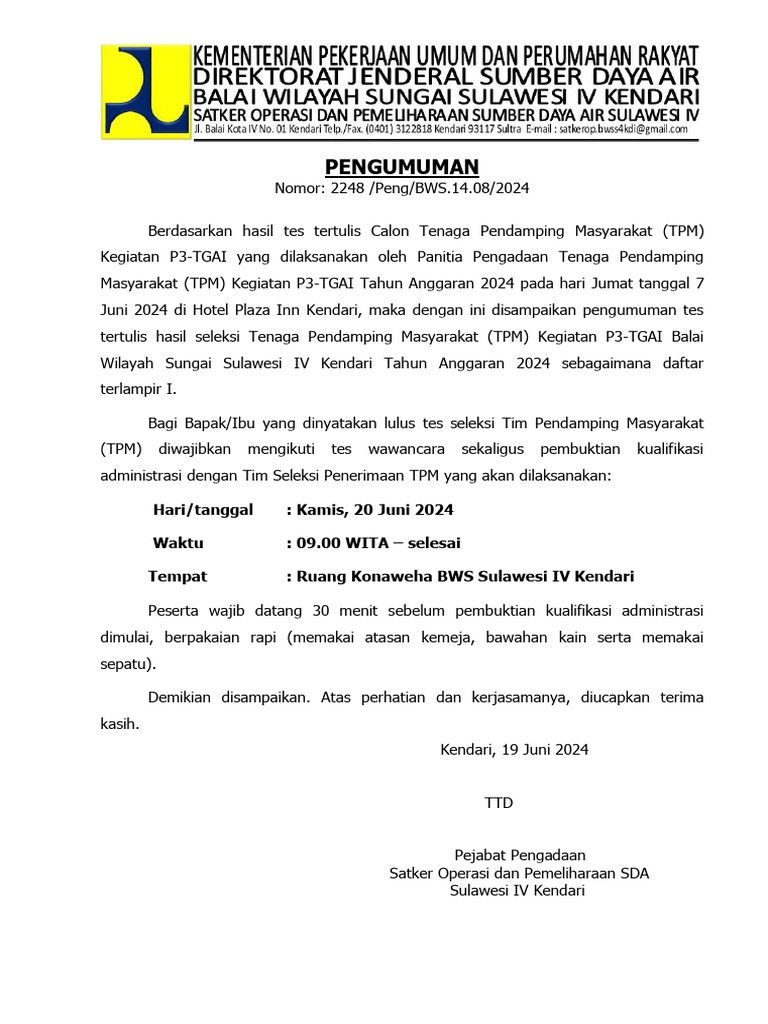Pengumuman Lulus Tes Dan Lanjut Wawancara TPM 2024 2 | PDF