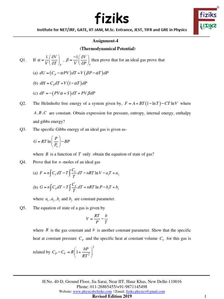 Assignment 4 Question | PDF | Gibbs Free Energy | Heat