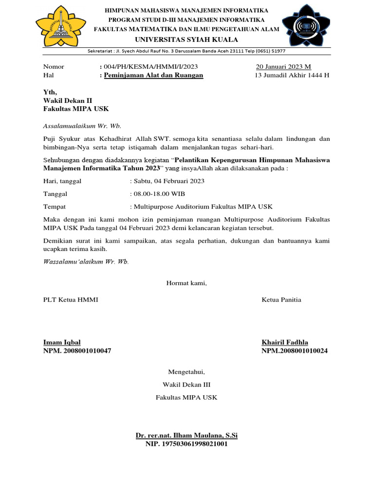 Surat Peminjaman Aula | PDF