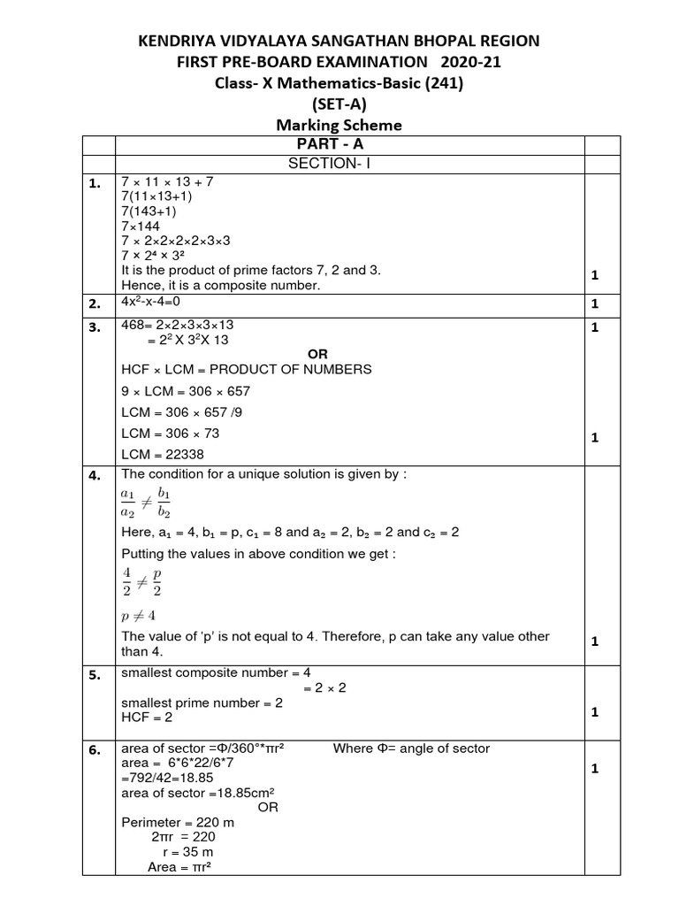 Class 10 - Maths Basic - PB1 - 2020 - MS - Set A | PDF | Area | Triangle