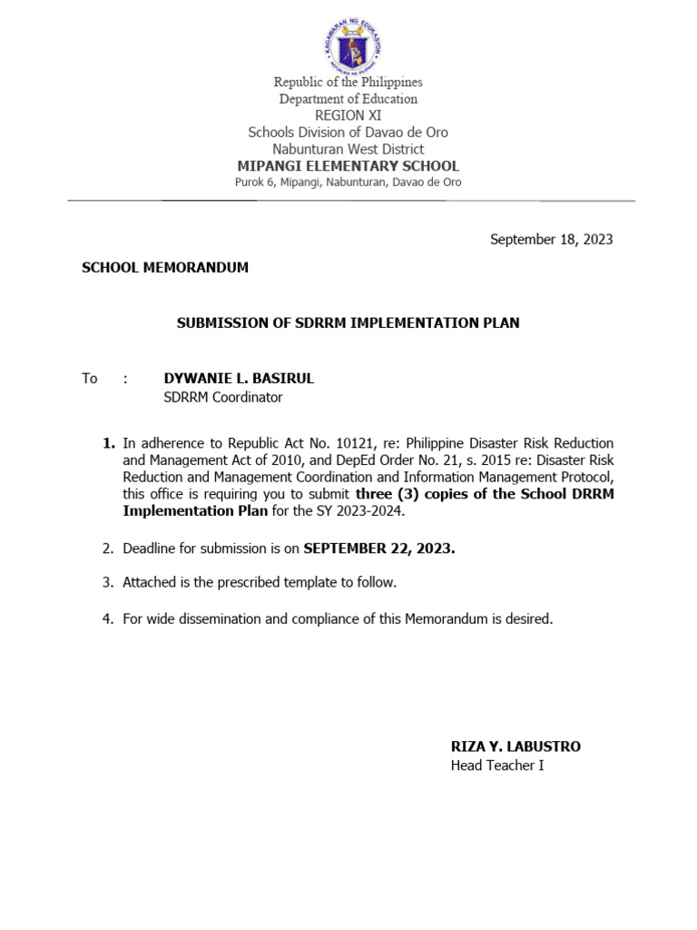 MEMO - Submission of SDRRM Implementation Plan | PDF