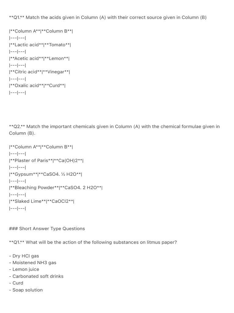 Q1. Match The Acids Given in Column (A) With Their Correct Source | PDF ...