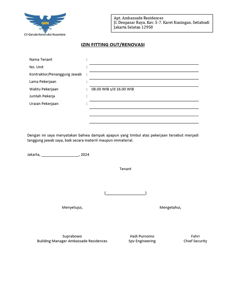 Form Izin Fit Out (Renovasi) | PDF