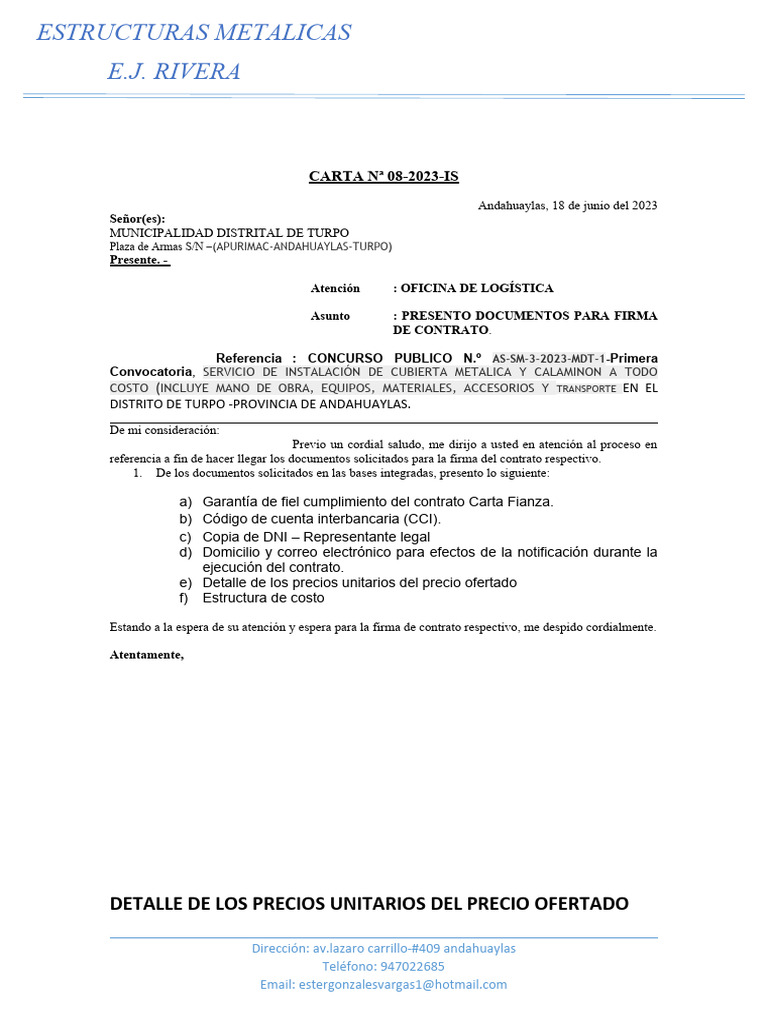 Documento para Firmas de Contrato (2) 0000 | PDF | Materiales | Rieles
