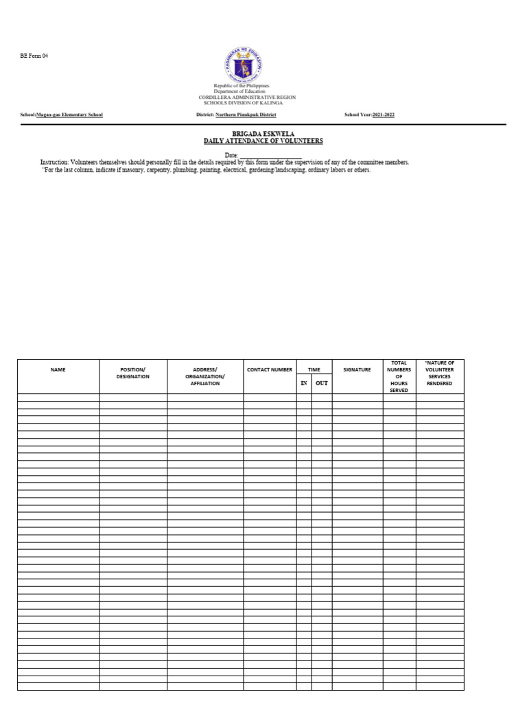 Brigada Eskwela Volunteer Attendance Form | PDF