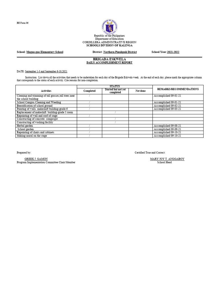 BE-Form-6-DAILY-ACCOMPLISHMENT-REPORT | PDF