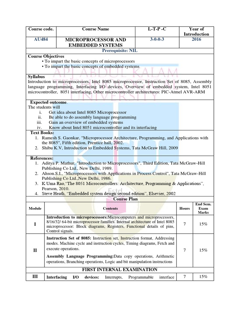 AU484 Microprocessor & Embedded Systems | PDF | Microcontroller | Embedded System