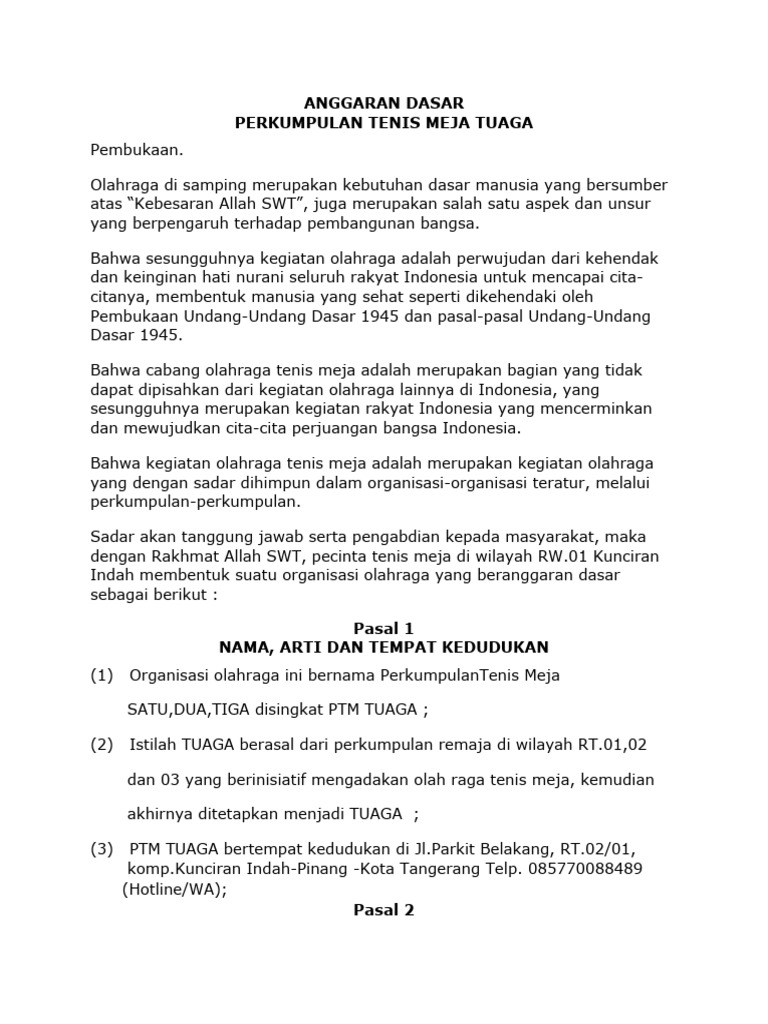 Anggaran Dasar Art PTM Tuaga | PDF