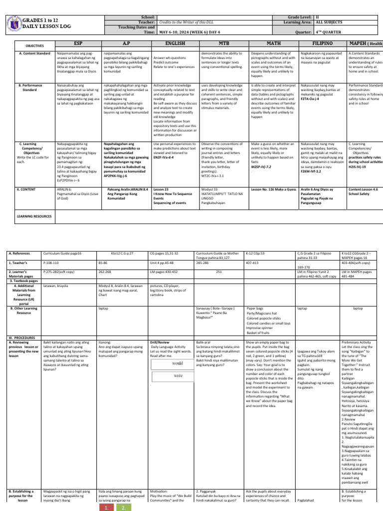 DLL - All Subjects 2 - Q4 - W6 - D4-1 | PDF | Cognition | Cognitive Science