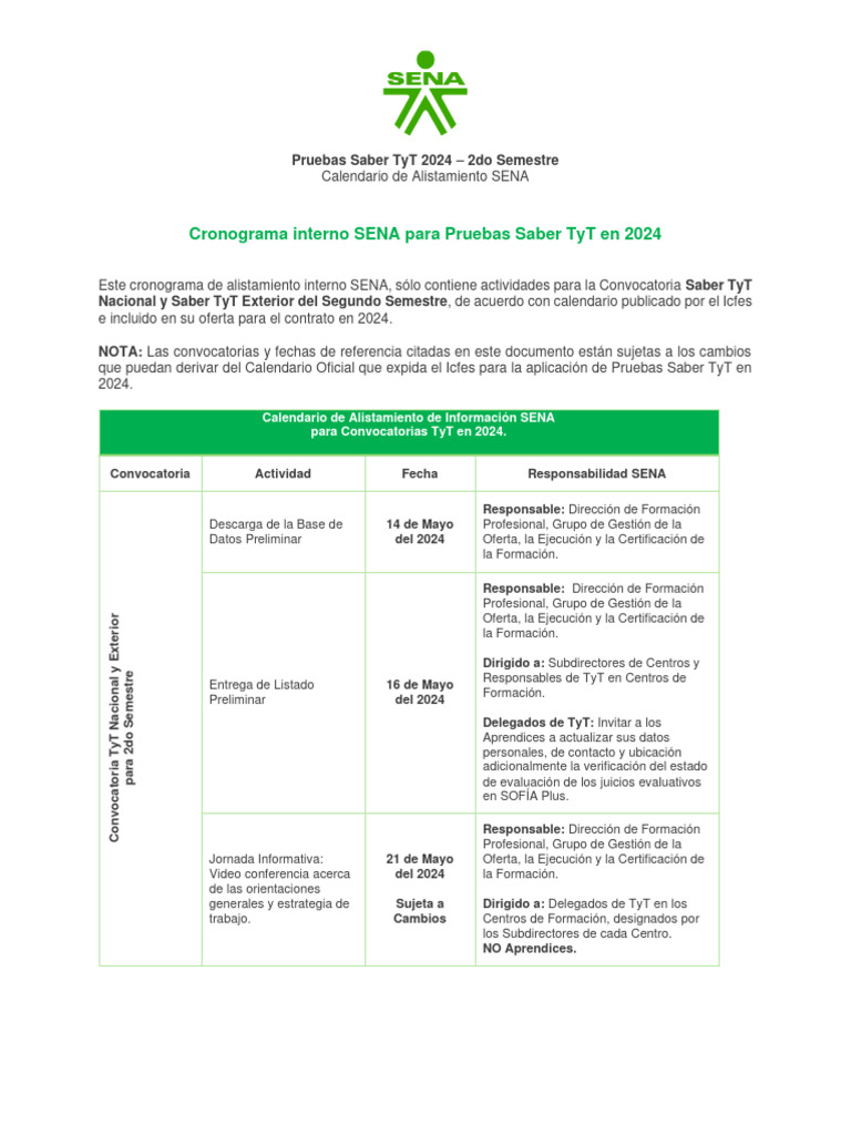 Calendario Alistamiento Pruebas TyT 2024 | PDF | Negocios