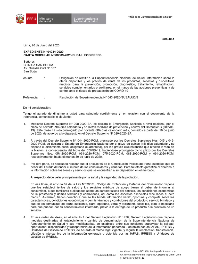 Carta Circular N 0003-2020 - 1 Clinica San Borja | PDF | Los ...