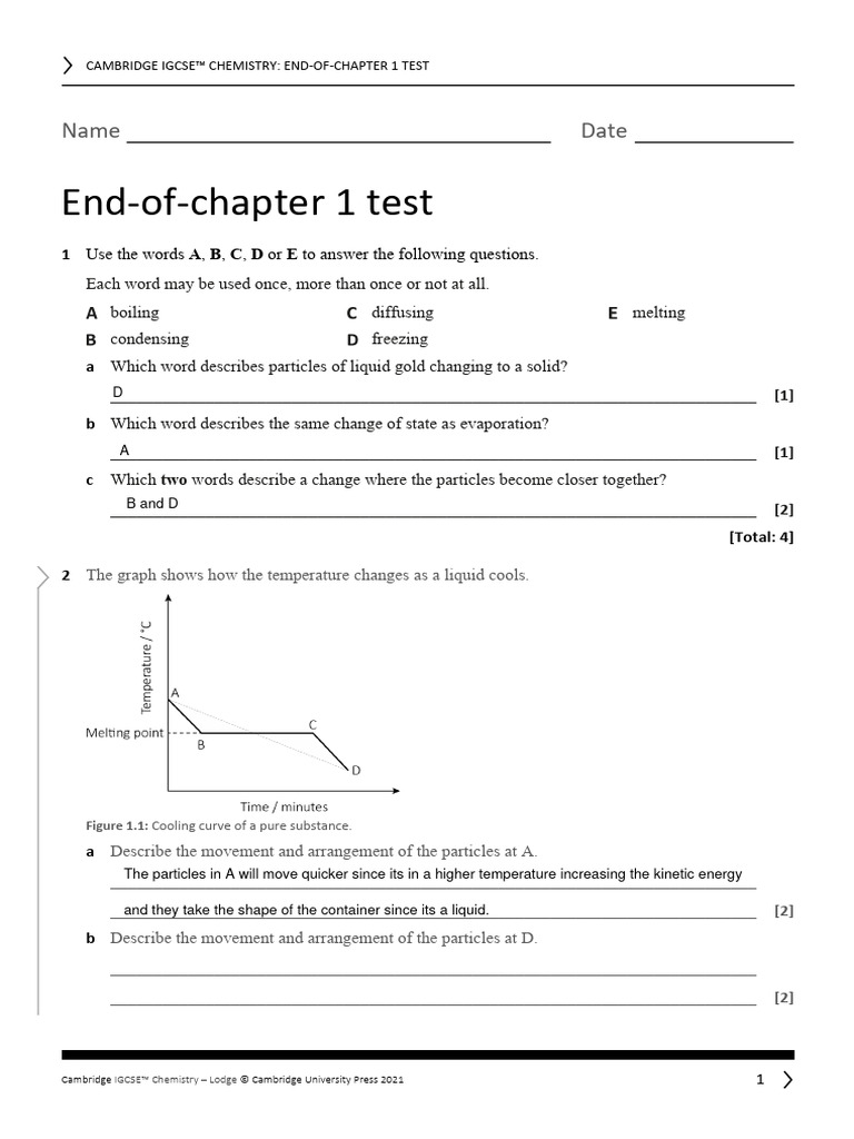 Chemistry IGCSE I End of Chapter 1 Test SOLVED | PDF | Gases | Diffusion