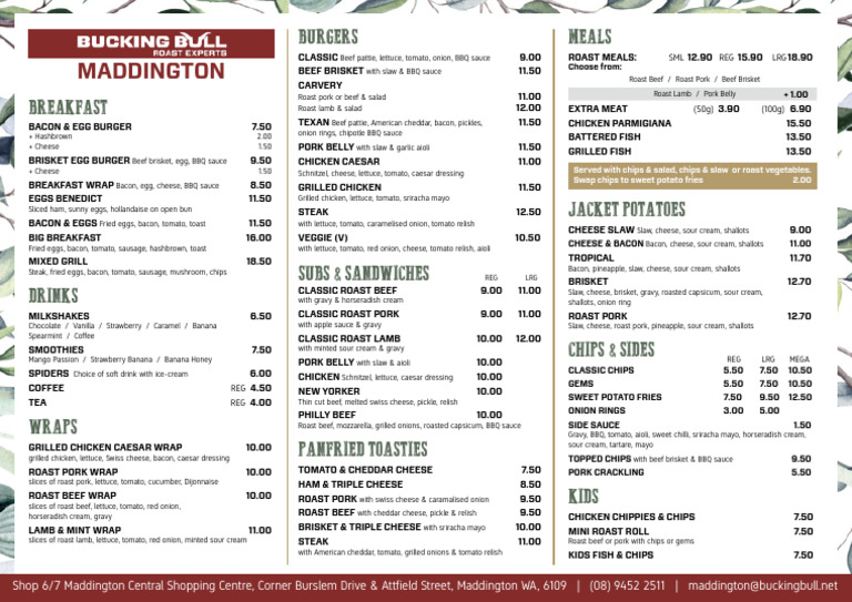 Menu Bucking Bull 210914 Maddington | PDF | Hamburgers | Bacon