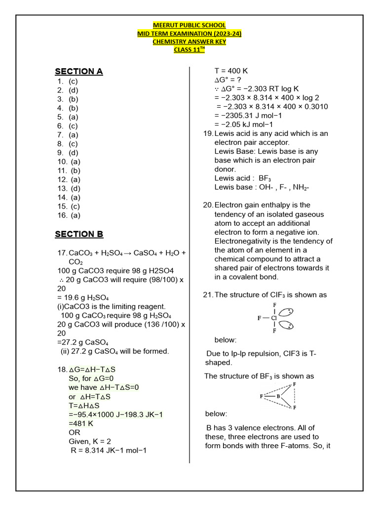 Answer Key Chem Mid Term | PDF | Chemical Bond | Atomic Orbital