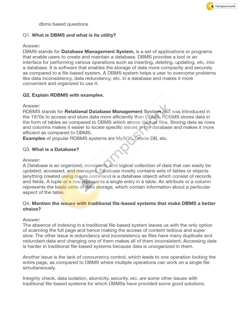 DBMS Interview Questions | PDF | Databases | Relational Database
