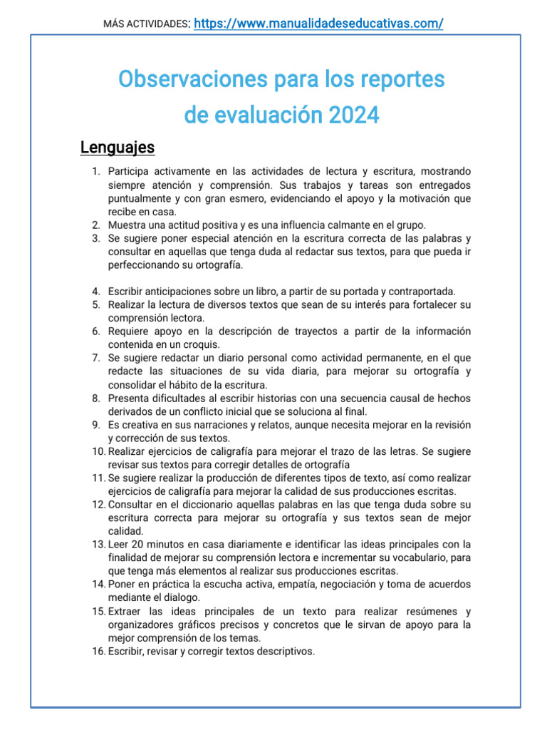 Observaciones para Los Reportes de Evaluación | PDF | Comprensión ...