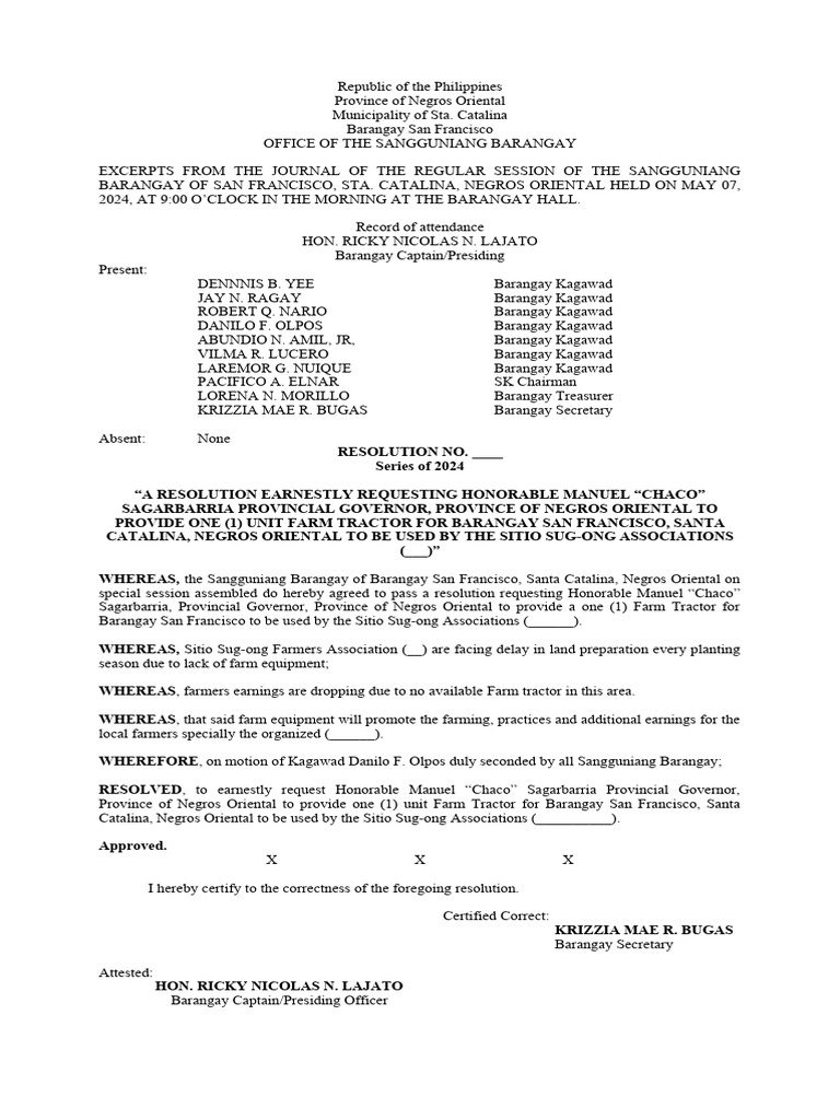 Resolution #, 2024 Request 1 Unit Farm Tractor | PDF