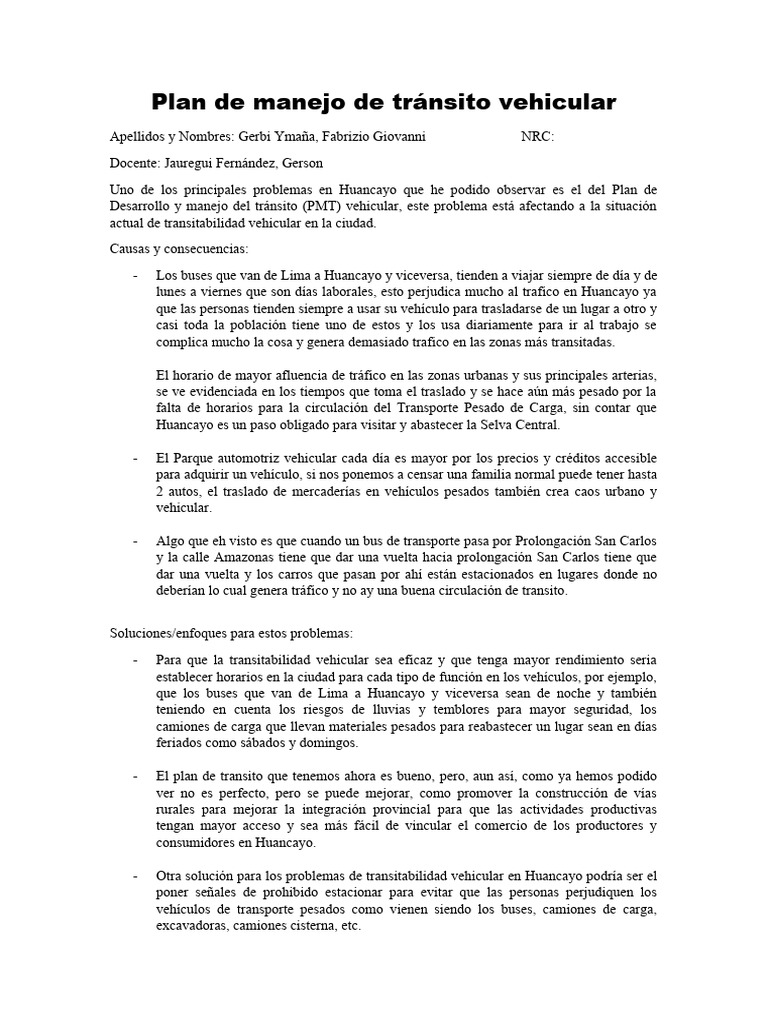 Plan de manejo de tránsito vehicular | PDF | Tráfico | Autobús
