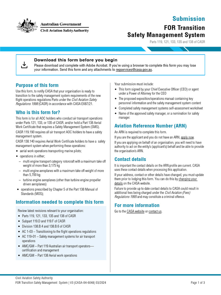 CASA Transition Safety Management Form | PDF | Airplane | Power Of Attorney