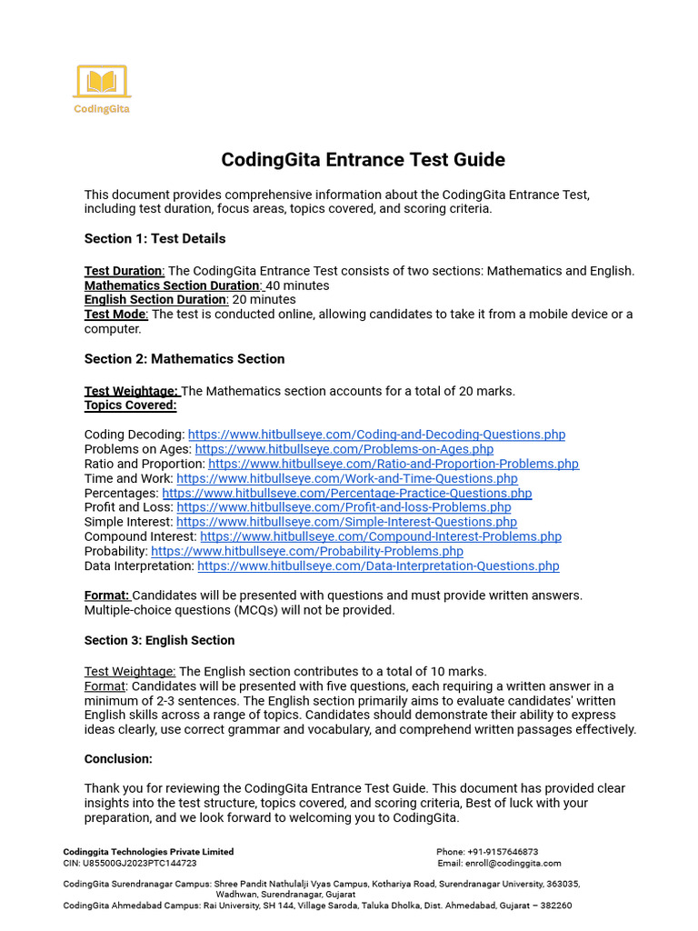 CodingGita Entrance Test Guide | PDF | English Language | Human ...
