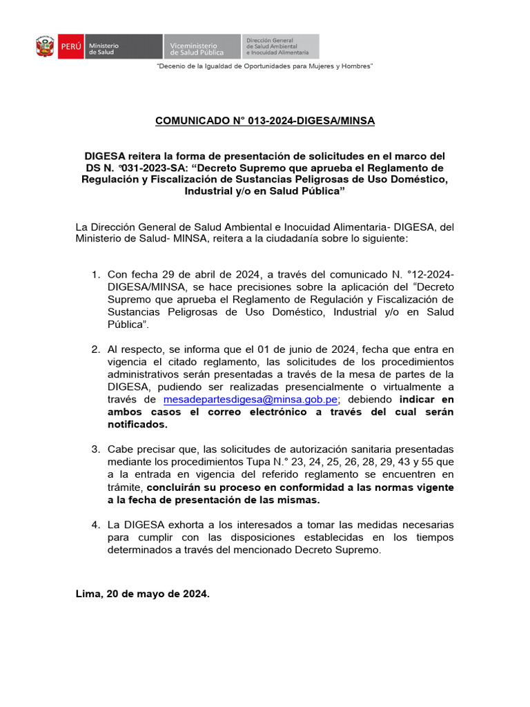 Comunicado #013-2024-DIGESA-MINSA | PDF