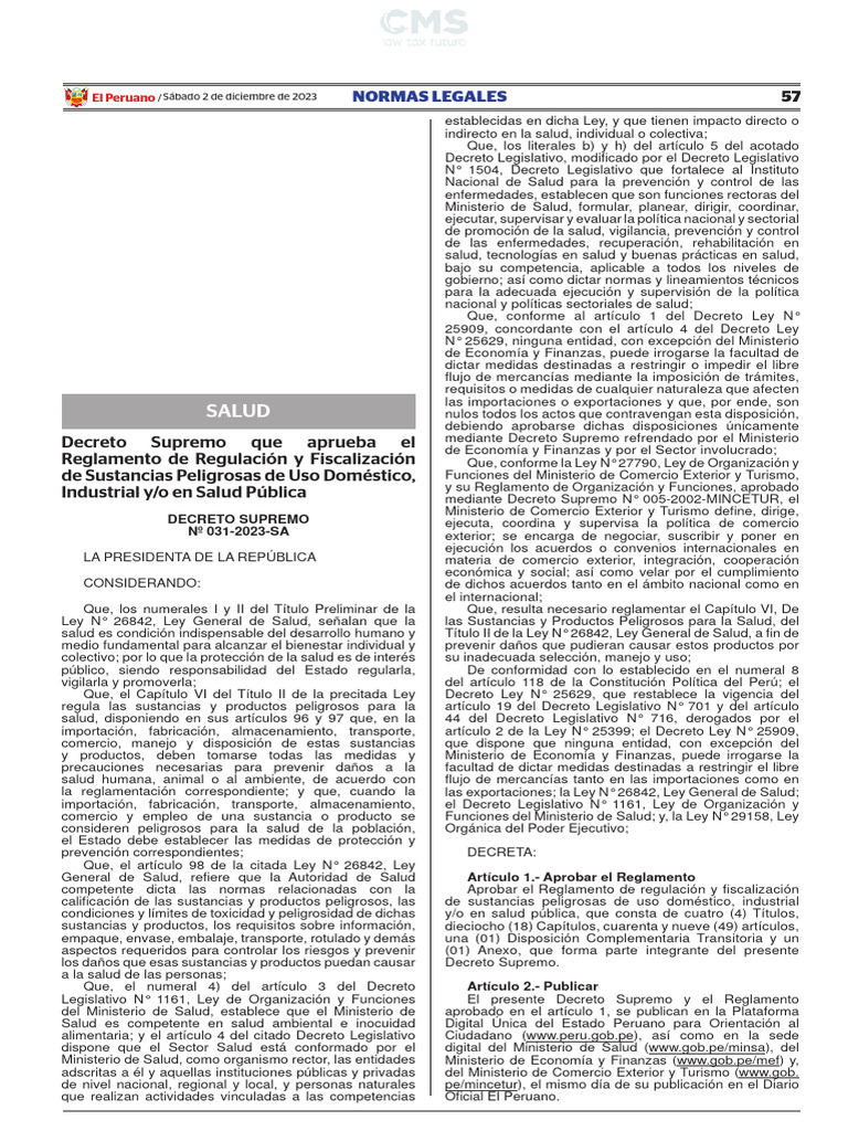 Decreto Supremo #031-2023-SA | PDF | Pesticida | Plaga (organismo)