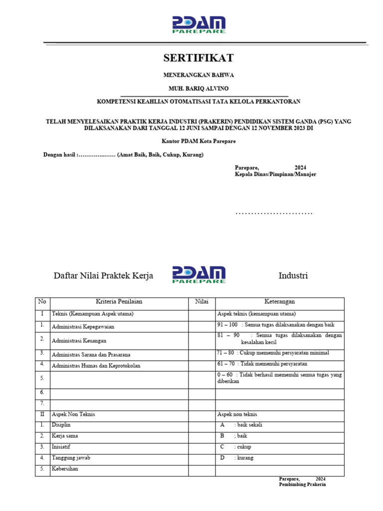 SERTIFIKAT Pdam | PDF