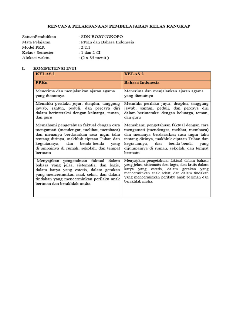 RPP Kelas Rangkap PPKn dan Bahasa Indonesia | PDF | Kajian Bahasa Asing ...