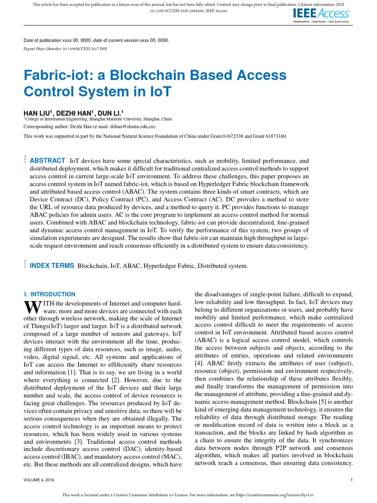 Fabric-Iot: A Blockchain Based Access Control System in Iot: Han Liu, Dezhi Han, Dun Li | PDF ...