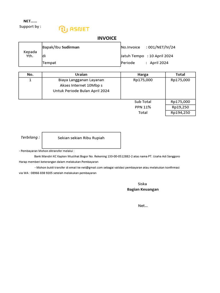 Contoh Data Invoice | PDF | Pengelolaan Keuangan & Uang