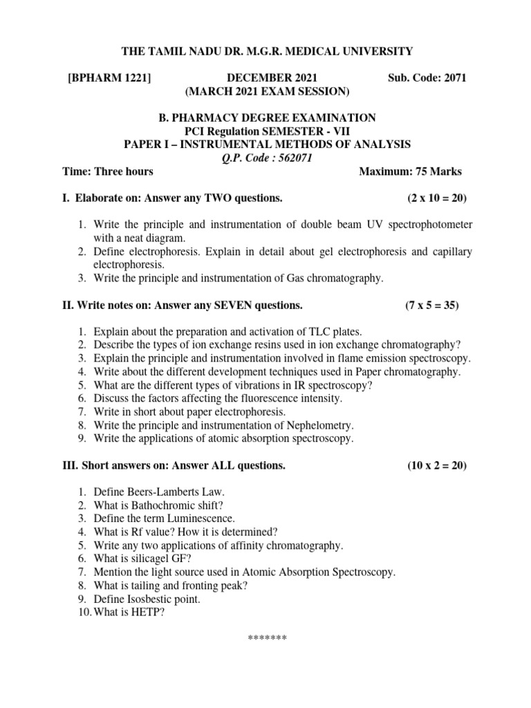 question papers instrumental methods of analysis | PDF | Chromatography ...