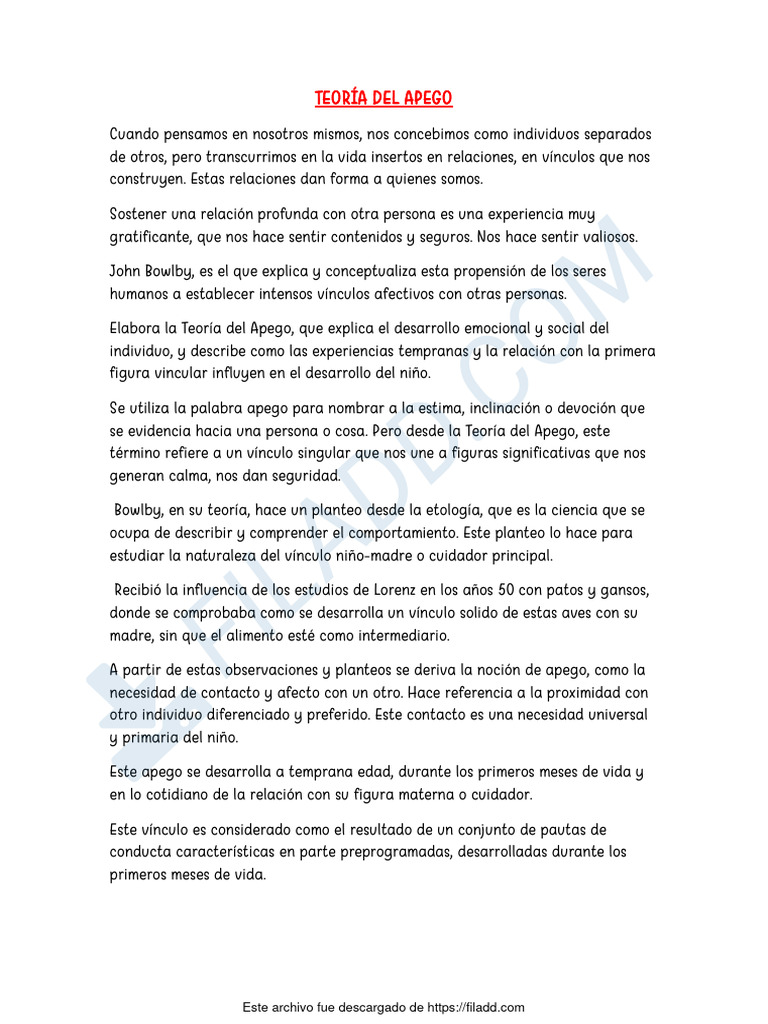 Teoria Del Apego | PDF | Teoría de apego | Ciencias del comportamiento