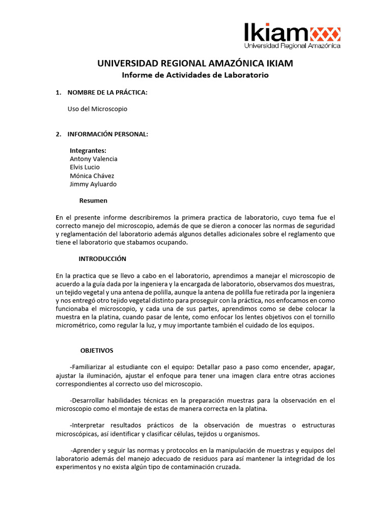 Informe Práctica de Laboratorio - Microscopio Grupo | PDF | Microscopio | Laboratorios