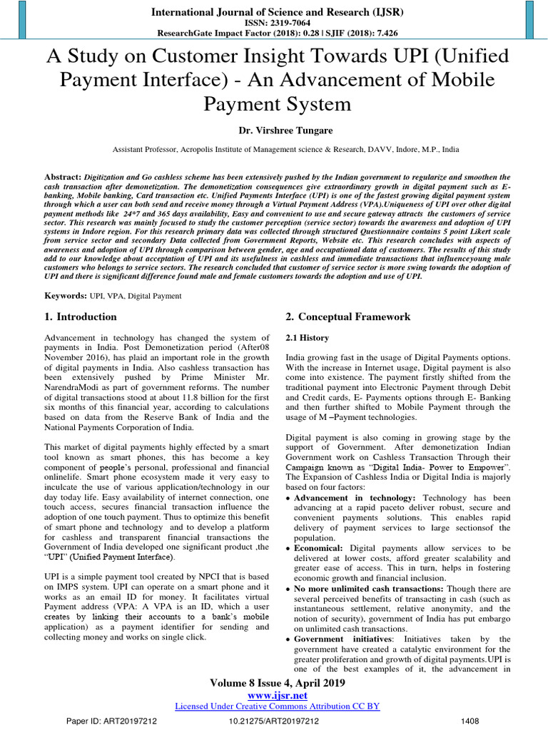 A Study On Customer Insight Towards UPI (Unified Payment Interface) - An Advancement of Mobile ...