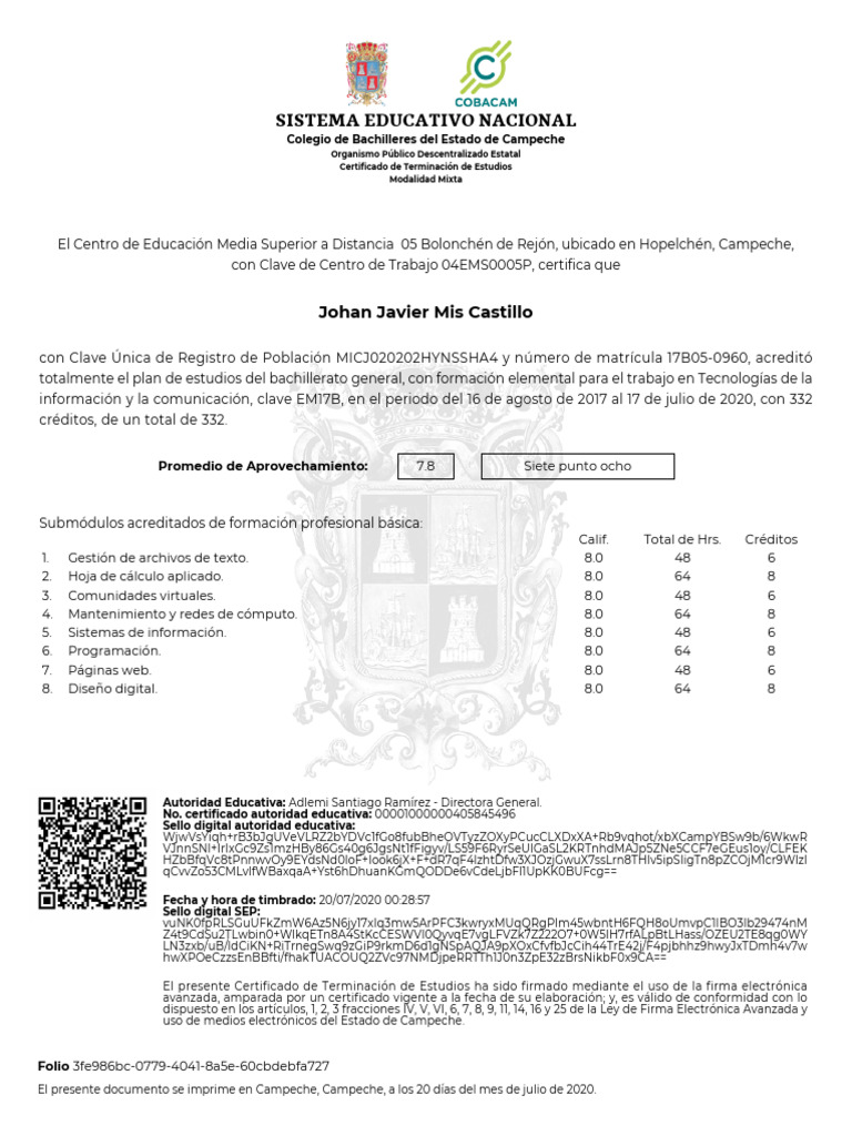 COBACAM Certificado Terminacion 17B05-0960 | PDF | Pensamiento | Plan de estudios