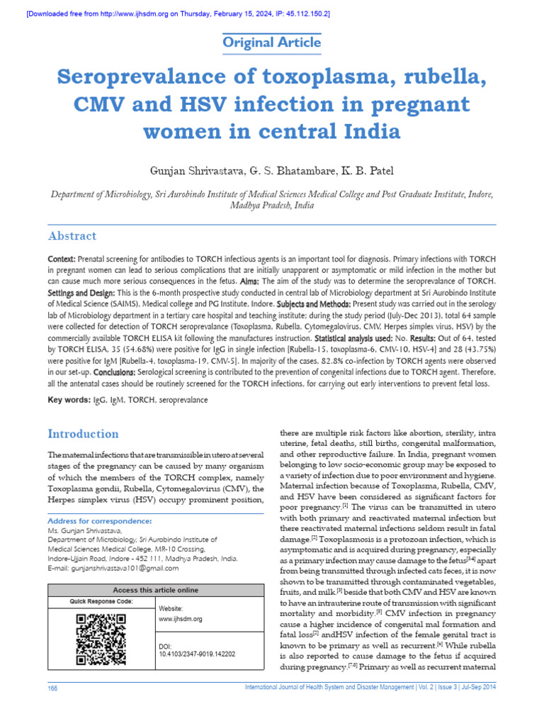 Seroprevalance of Toxoplasma, Rubella,CMV,HSV Infection in Pregnant Women in Central India | PDF ...