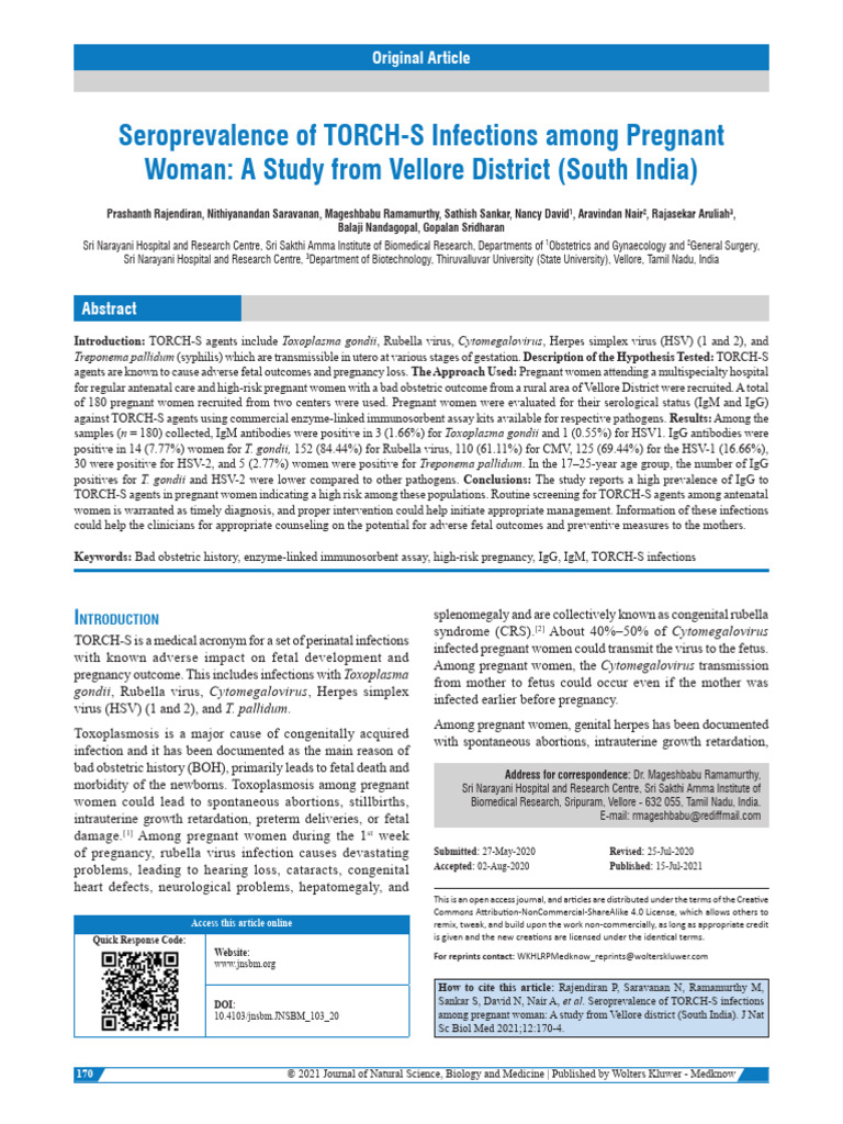 Seroprevalence of TORCH S Infections Among Pregnant Woman - A Study ...