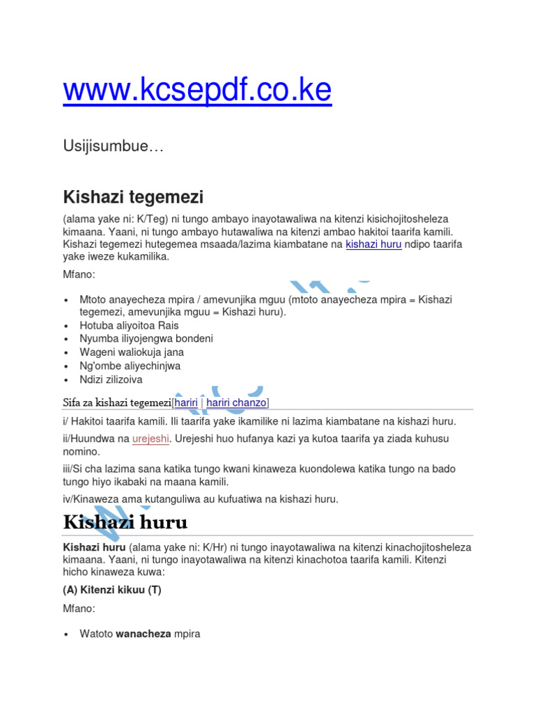 Aina Za Sentesi Za Kiswahili | PDF