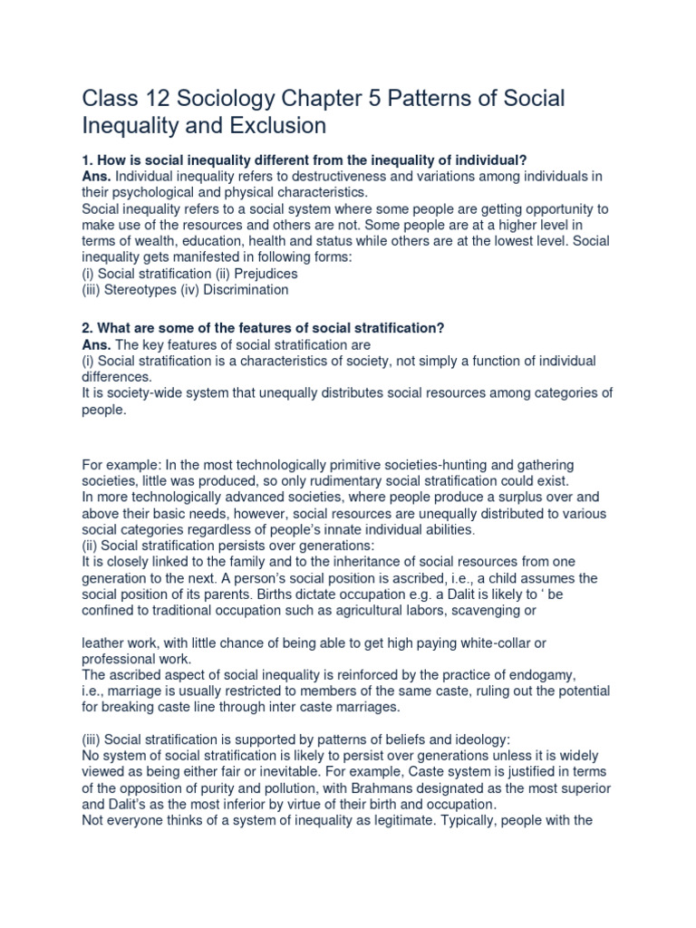 Class 12 Sociology Ch. 5 Patterns of Social Inequality and Exclusion ...