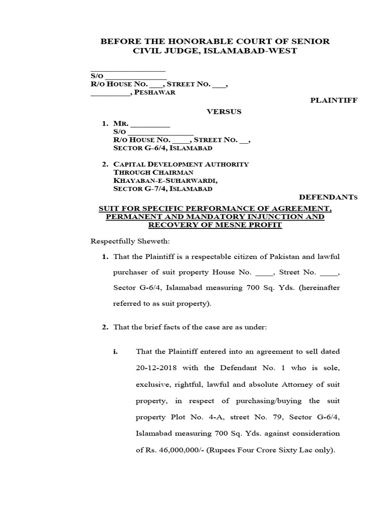 Suit For Specific Performance 1 | PDF | Lawsuit | Affidavit