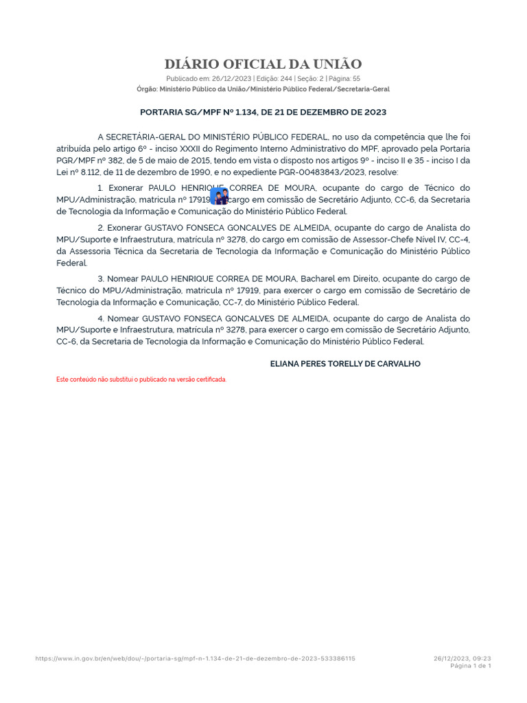 Portaria SG-MPF #1.134, de 21 de Dezembro de 2023 - Portaria SG-MPF #1.134 | PDF