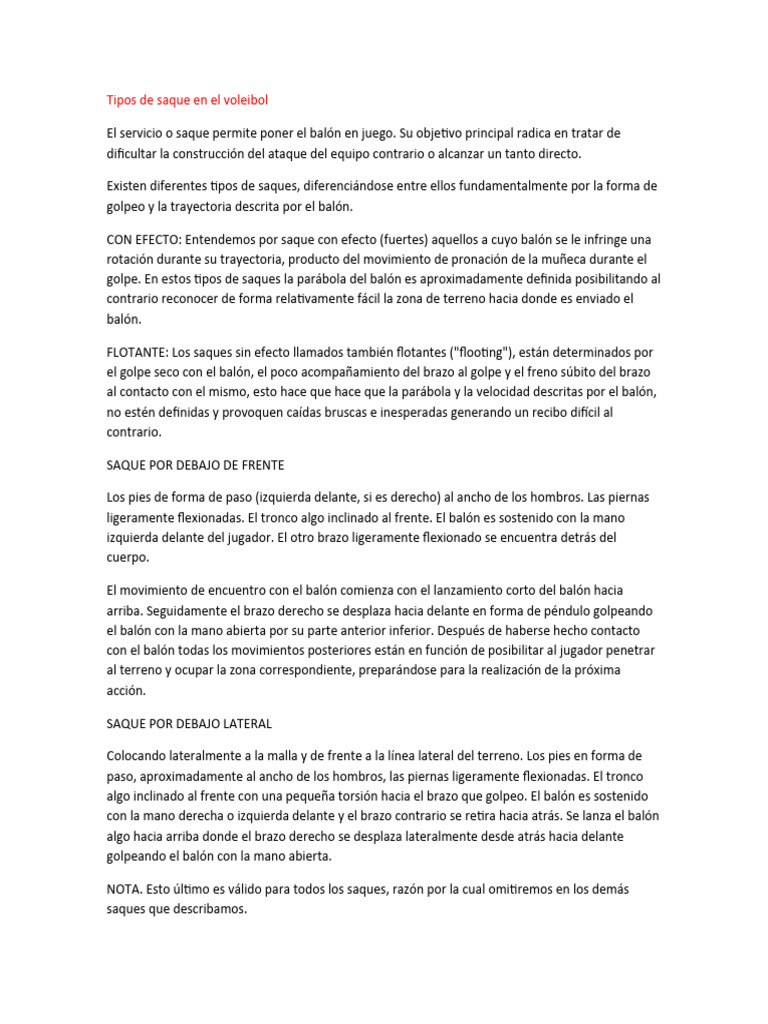 Tipos de Saque en El Voleibol | PDF | Vóleibol | Mano