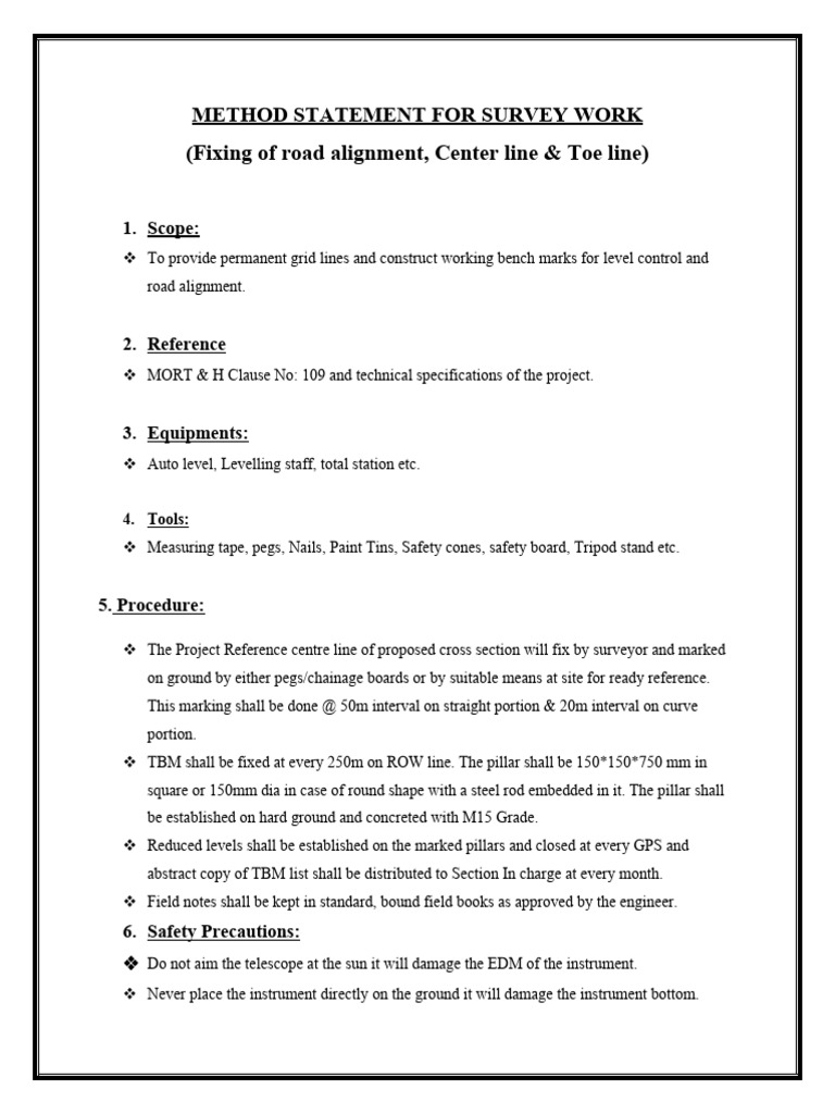 Survey Method Statement for Road Alignment | PDF