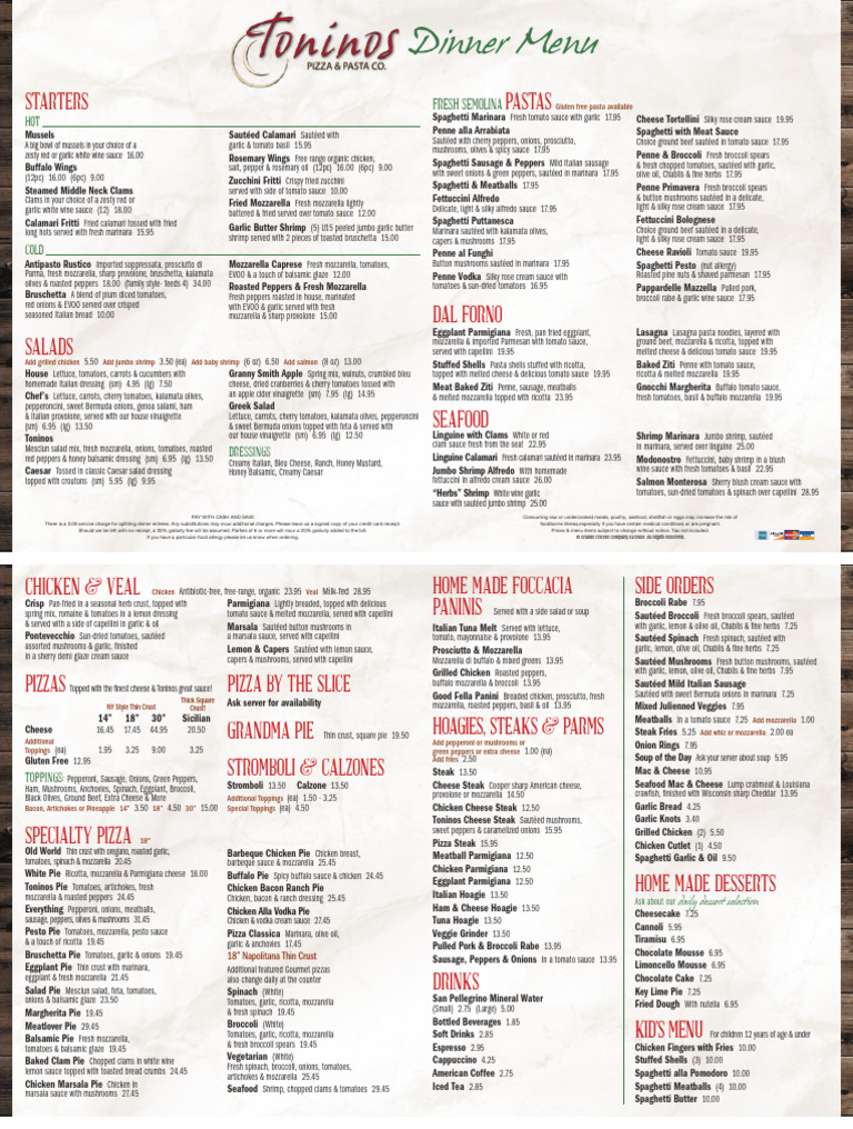 Tonino's Restaurant Dinner Menu | PDF | Pizza | Tomato Sauce