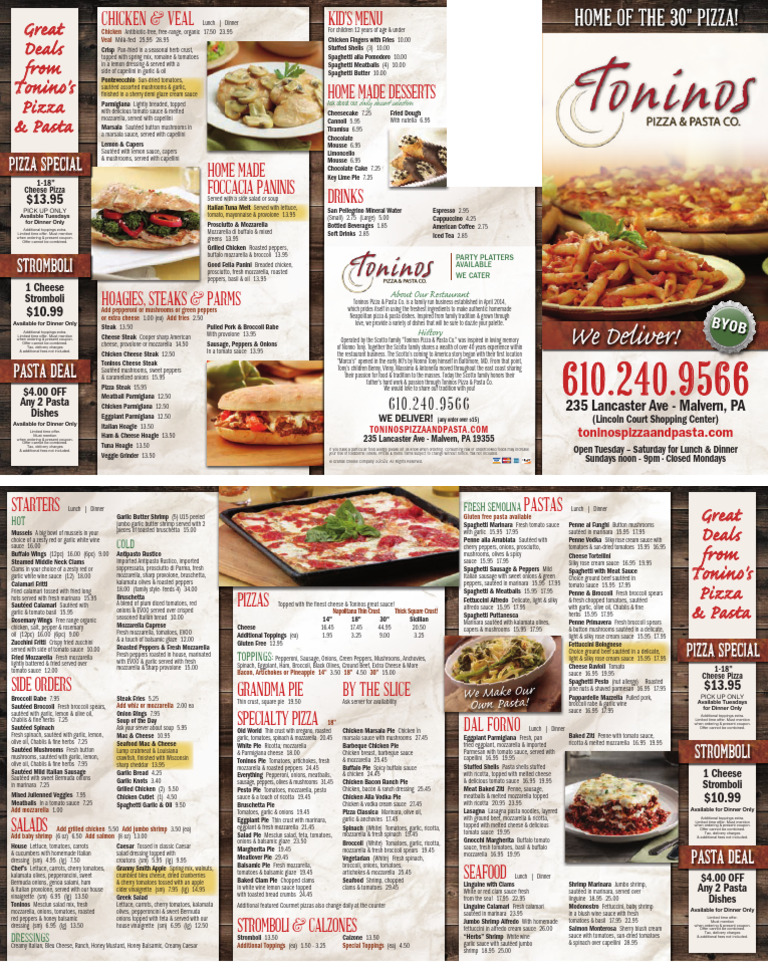 Toninos Takeout Menu Mar-24 | Download Free PDF | Pizza | Tomato Sauce