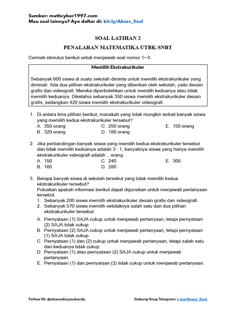 Soal Latihan 2 - Penalaran Matematika UTBK-SNBT (Mathcyber1997.Com) | PDF